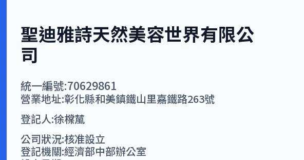 聖迪雅詩天然美容世界有限公司的照片-統編 70629861(彰化縣) 公司登記資料與營業項目詳細圖表