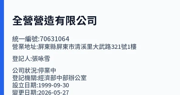全營營造有限公司的照片-統編 70631064(屏東縣) 公司登記資料與營業項目詳細圖表