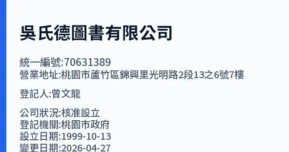 吳氏德圖書有限公司的照片-統編 70631389(桃園市) 公司登記資料與營業項目詳細圖表
