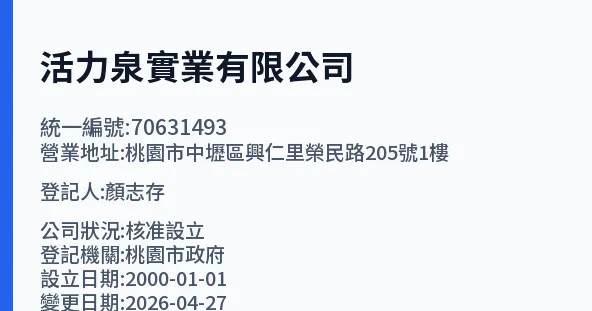 活力泉實業有限公司的照片-統編 70631493(桃園市) 公司登記資料與營業項目詳細圖表