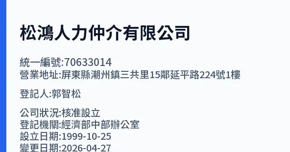 松鴻人力仲介有限公司的照片-統編 70633014(屏東縣) 公司登記資料與營業項目詳細圖表