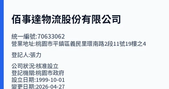 佰事達物流股份有限公司的照片-統編 70633062(桃園市) 公司登記資料與營業項目詳細圖表