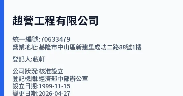 趙營工程有限公司的照片-統編 70633479(基隆市) 公司登記資料與營業項目詳細圖表