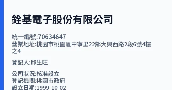 銓基電子股份有限公司的照片-統編 70634647(桃園市) 公司登記資料與營業項目詳細圖表