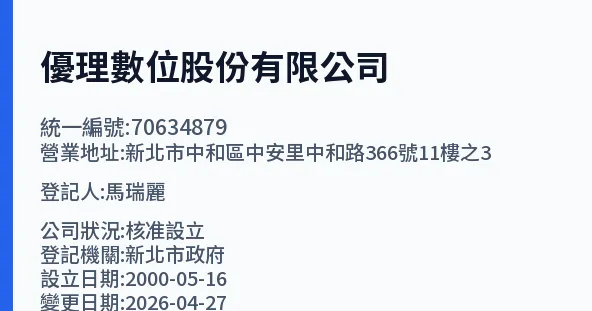優理數位股份有限公司的照片-統編 70634879(新北市) 公司登記資料與營業項目詳細圖表