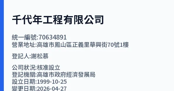 千代年工程有限公司的照片-統編 70634891(高雄市) 公司登記資料與營業項目詳細圖表