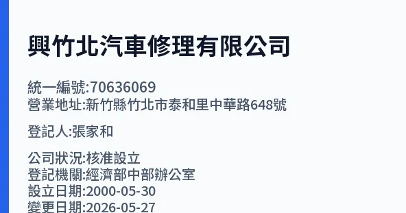 興竹北汽車修理有限公司的照片-統編 70636069(新竹縣) 公司登記資料與營業項目詳細圖表