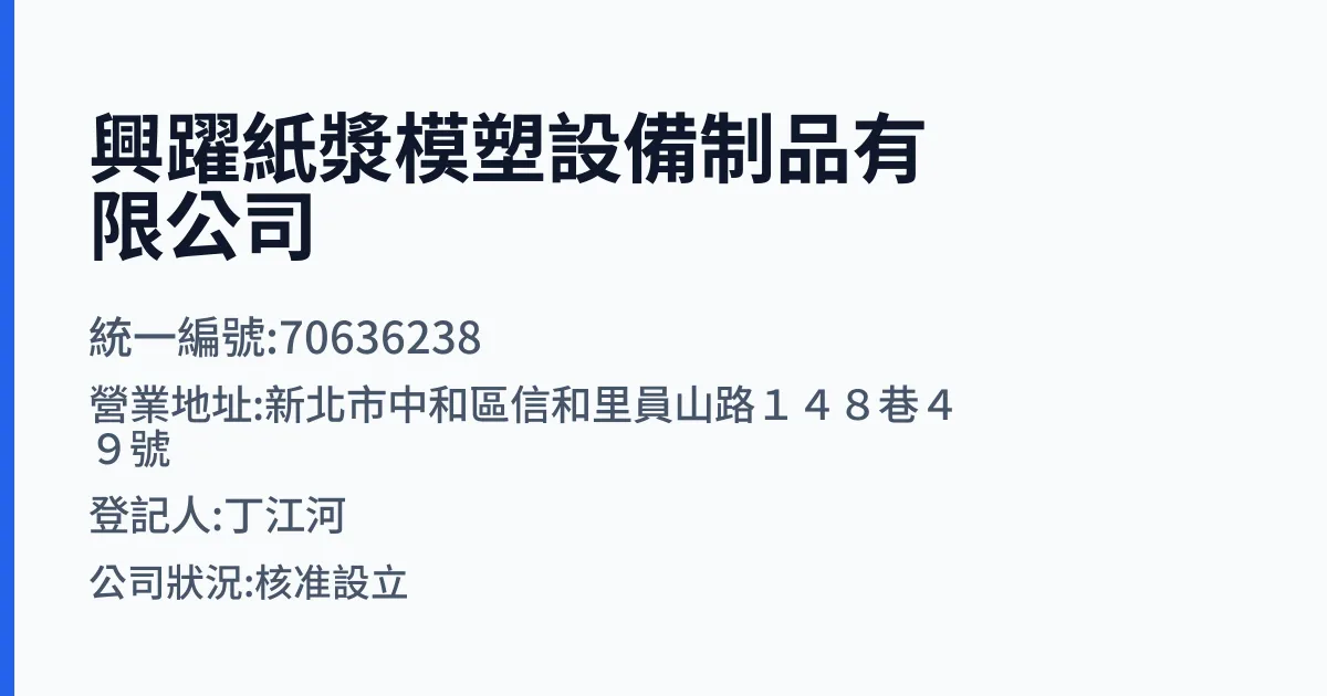 興躍紙漿模塑設備制品有限公司 - 統編 70636238(新北市) 公司登記資料與營業項目詳細圖表