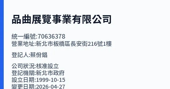品曲展覽事業有限公司的照片-統編 70636378(新北市) 公司登記資料與營業項目詳細圖表
