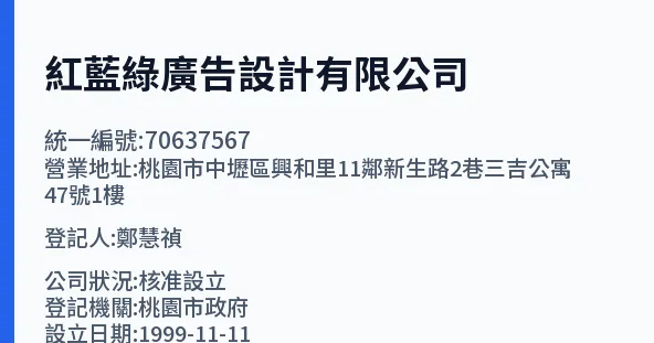 紅藍綠廣告設計有限公司的照片-統編 70637567(桃園市) 公司登記資料與營業項目詳細圖表