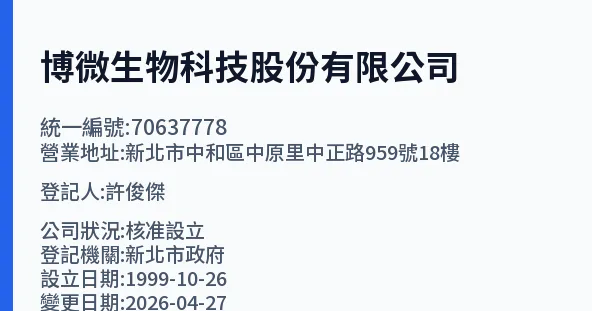 博微生物科技股份有限公司的照片-統編 70637778(新北市) 公司登記資料與營業項目詳細圖表