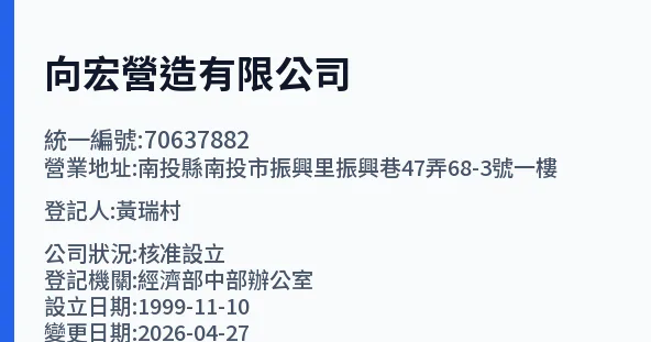 向宏營造有限公司的照片-統編 70637882(南投縣) 公司登記資料與營業項目詳細圖表