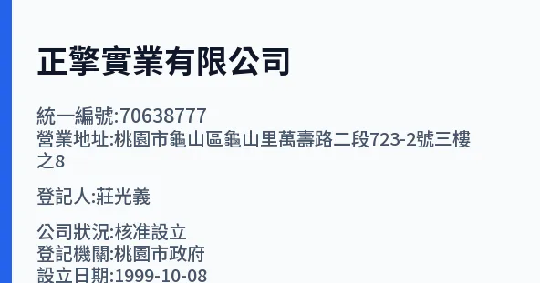 正擎實業有限公司的照片-統編 70638777(桃園市) 公司登記資料與營業項目詳細圖表