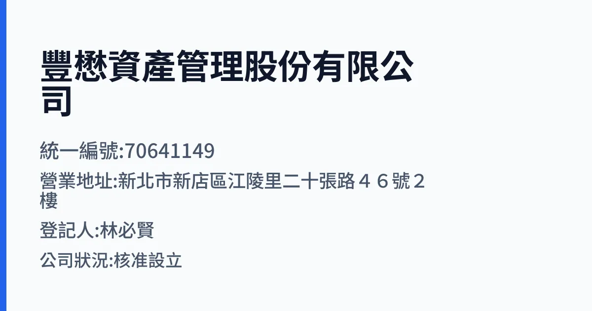 豐懋資產管理股份有限公司 - 統編 70641149(新北市) 公司登記資料與營業項目詳細圖表