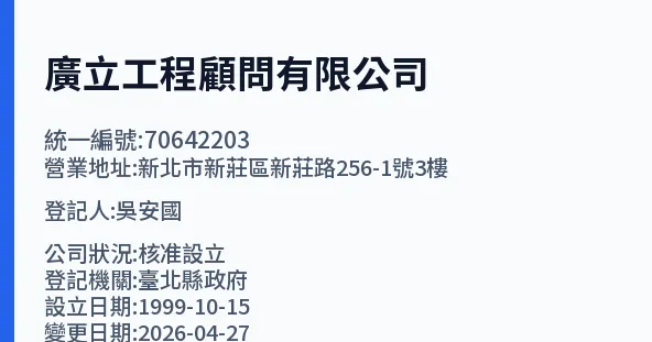 廣立工程顧問有限公司的照片-統編 70642203(新北市) 公司登記資料與營業項目詳細圖表
