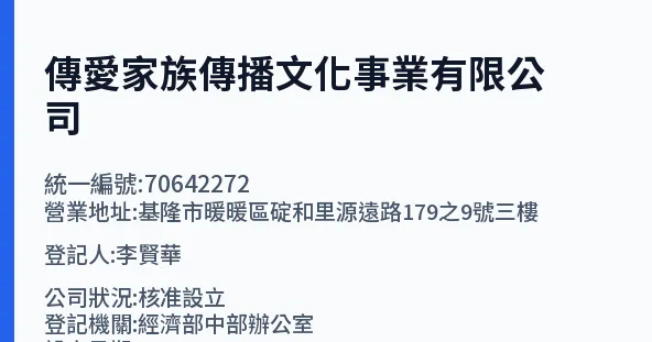 傳愛家族傳播文化事業有限公司的照片-統編 70642272(基隆市) 公司登記資料與營業項目詳細圖表