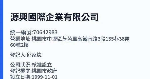 源興國際企業有限公司的照片-統編 70642983(桃園市) 公司登記資料與營業項目詳細圖表