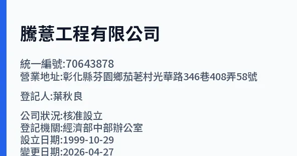 騰薏工程有限公司的照片-統編 70643878(彰化縣) 公司登記資料與營業項目詳細圖表