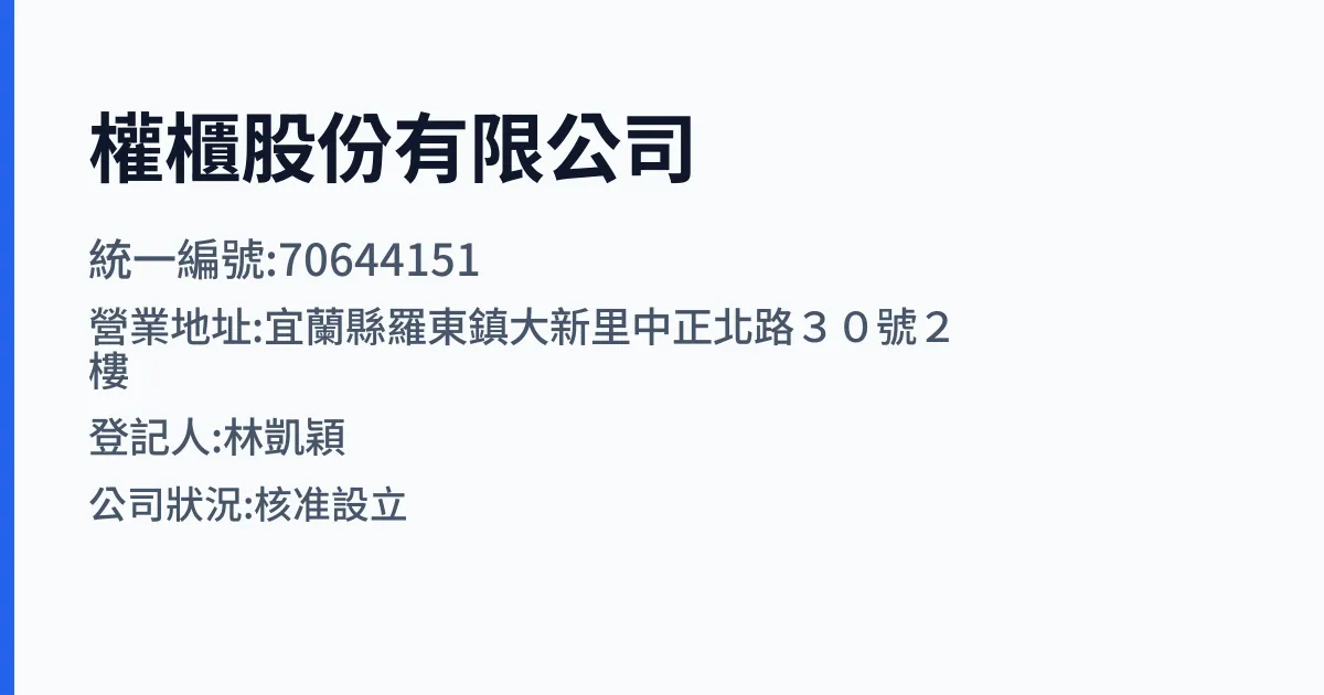 權櫃股份有限公司 - 統編 70644151（宜蘭縣） 公司登記資料與營業項目詳細圖表