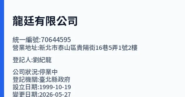 龍廷有限公司的照片-統編 70644595(新北市) 公司登記資料與營業項目詳細圖表