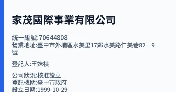 家茂國際事業有限公司的照片-統編 70644808(臺中市) 公司登記資料與營業項目詳細圖表