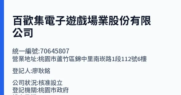 百歡集電子遊戲場業股份有限公司的照片-統編 70645807(桃園市) 公司登記資料與營業項目詳細圖表