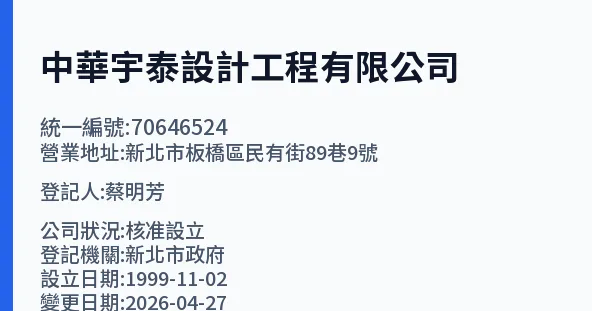 中華宇泰設計工程有限公司的照片-統編 70646524(新北市) 公司登記資料與營業項目詳細圖表