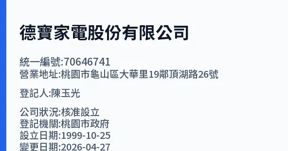 德寶家電股份有限公司的照片-統編 70646741(桃園市) 公司登記資料與營業項目詳細圖表