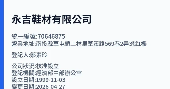 永吉鞋材有限公司的照片-統編 70646875(南投縣) 公司登記資料與營業項目詳細圖表