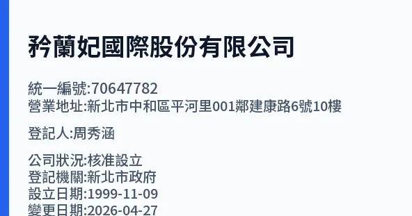 矜蘭妃國際股份有限公司的照片-統編 70647782(新北市) 公司登記資料與營業項目詳細圖表