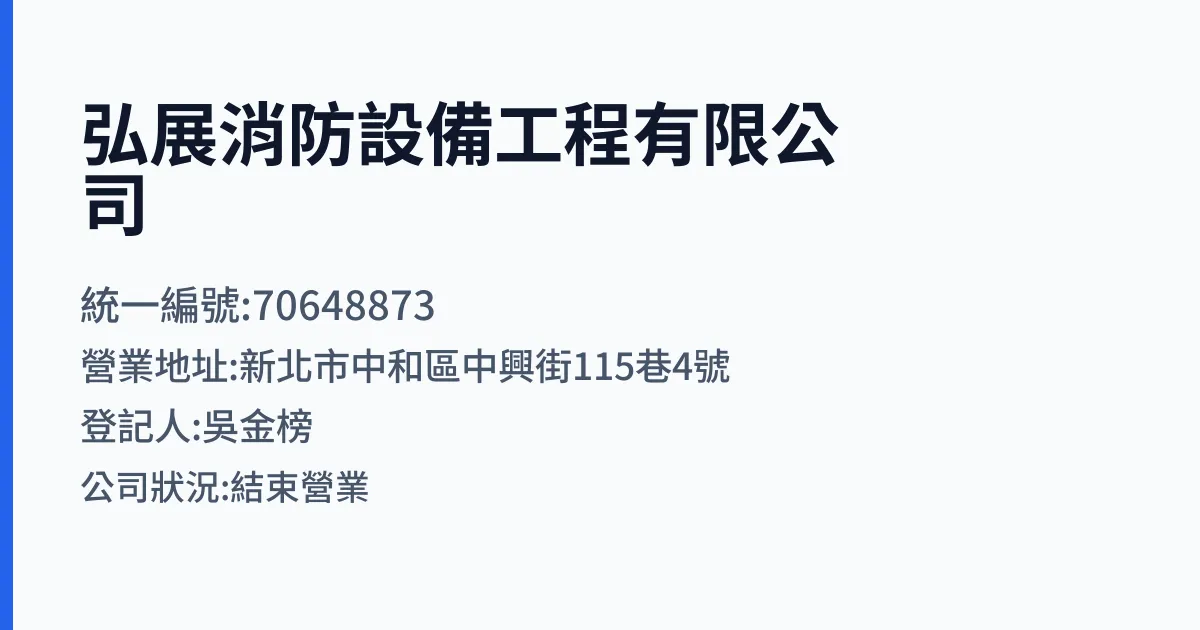 弘展消防設備工程有限公司 - 統編 70648873(新北市) 公司登記資料與營業項目詳細圖表