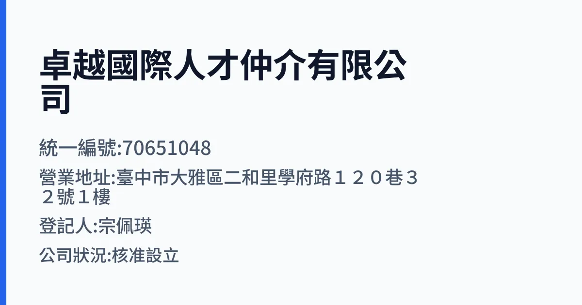 卓越國際人才仲介有限公司 - 統編 70651048(臺中市) 公司登記資料與營業項目詳細圖表