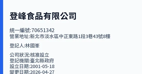 登峰食品有限公司的照片-統編 70651342(新北市) 公司登記資料與營業項目詳細圖表
