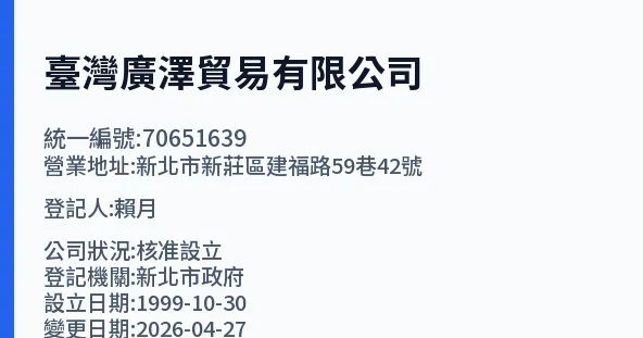 臺灣廣澤貿易有限公司的照片-統編 70651639(新北市) 公司登記資料與營業項目詳細圖表