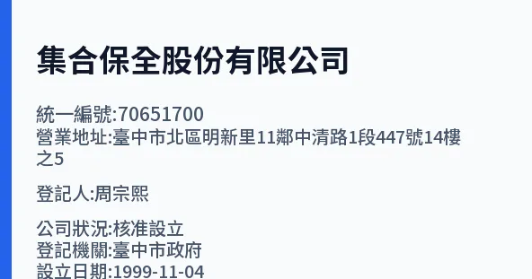 集合保全股份有限公司的照片-統編 70651700(臺中市) 公司登記資料與營業項目詳細圖表