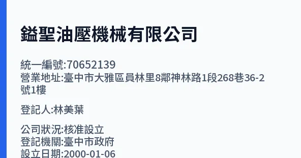 鎰聖油壓機械有限公司的照片-統編 70652139(臺中市) 公司登記資料與營業項目詳細圖表