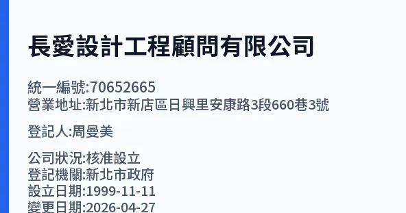 長愛設計工程顧問有限公司的照片-統編 70652665(新北市) 公司登記資料與營業項目詳細圖表