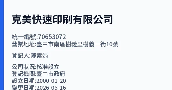 克美快速印刷有限公司的照片-統編 70653072(臺中市) 公司登記資料與營業項目詳細圖表