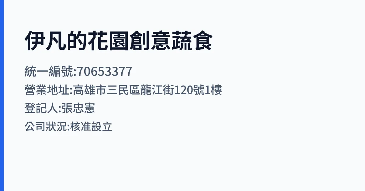 伊凡的花園創意蔬食 - 統編 70653377(高雄市) 公司登記資料與營業項目詳細圖表