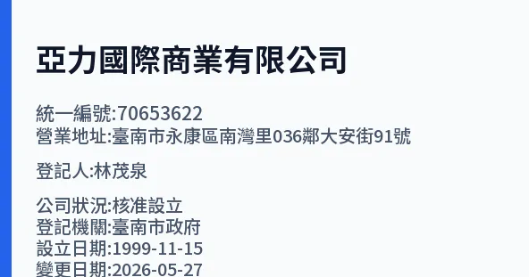 亞力國際商業有限公司的照片-統編 70653622(臺南市) 公司登記資料與營業項目詳細圖表