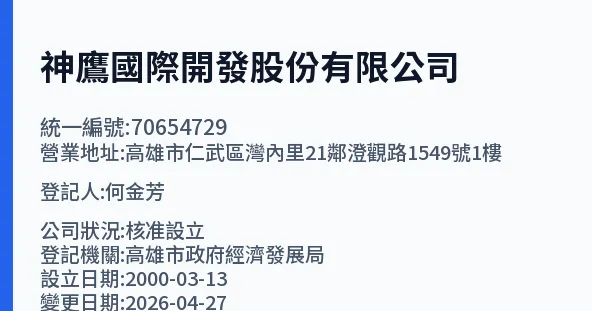 神鷹國際開發股份有限公司的照片-統編 70654729(高雄市) 公司登記資料與營業項目詳細圖表