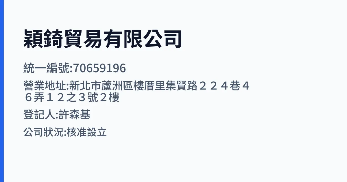 穎錡貿易有限公司 - 統編 70659196(新北市) 公司登記資料與營業項目詳細圖表