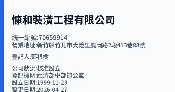 慷和裝潢工程有限公司的照片-統編 70659914(新竹縣) 公司登記資料與營業項目詳細圖表