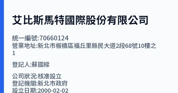 艾比斯馬特國際股份有限公司的照片-統編 70660124(新北市) 公司登記資料與營業項目詳細圖表