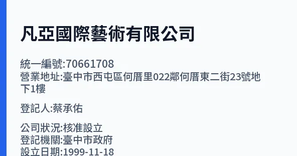 凡亞國際藝術有限公司的照片-統編 70661708(臺中市) 公司登記資料與營業項目詳細圖表