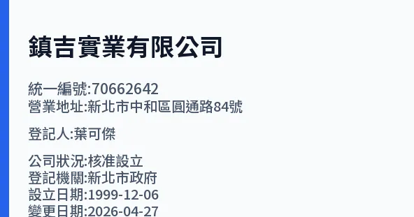 鎮吉實業有限公司的照片-統編 70662642(新北市) 公司登記資料與營業項目詳細圖表