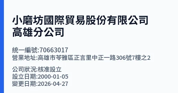 小磨坊國際貿易股份有限公司高雄分公司的照片-統編 70663017(高雄市) 公司登記資料與營業項目詳細圖表
