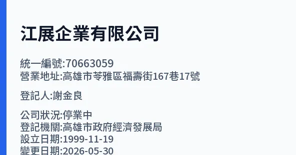 江展企業有限公司的照片-統編 70663059(高雄市) 公司登記資料與營業項目詳細圖表