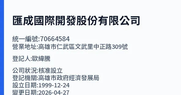 匯成國際開發股份有限公司的照片-統編 70664584(高雄市) 公司登記資料與營業項目詳細圖表