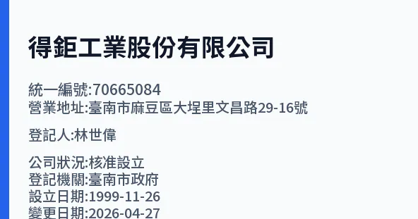 得鉅工業股份有限公司的照片-統編 70665084(臺南市) 公司登記資料與營業項目詳細圖表